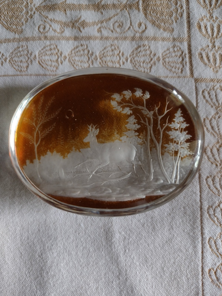 German or Bohemian Amber Stain Engraved Scene of Deer in the Woods ...
