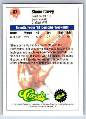 1991 Classic Draft Picks Shane Curry Rookie Miami Hurricanes RC #37 | eBay