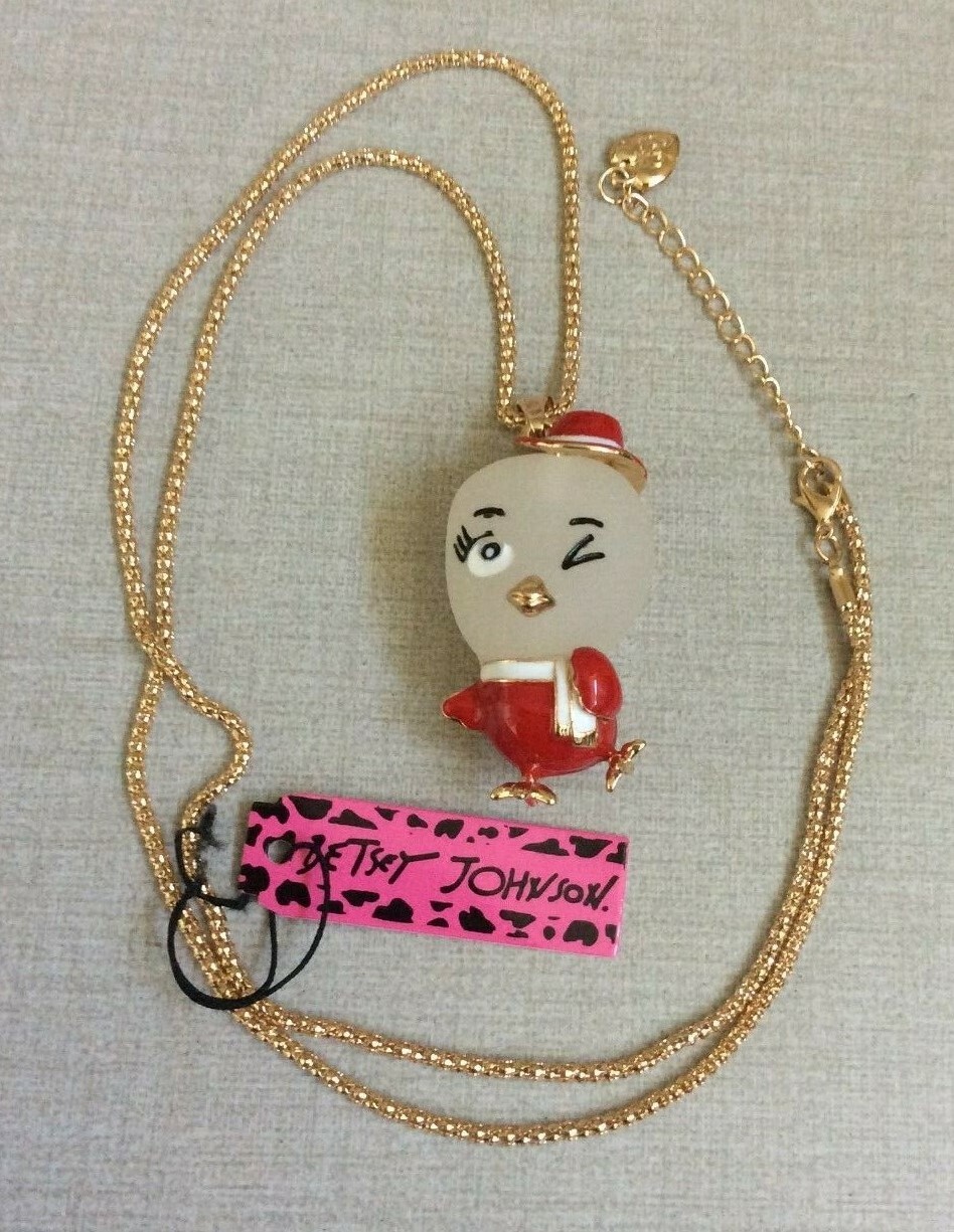 Betsey Johnson Unique Winking Chicken Pendant on Long Gold Necklace New ...