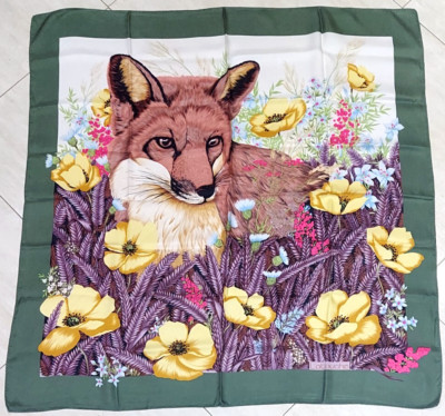 Vintage Scarf L'ATOUCHE The Fox Basil Green Cream Twill Silk 34 ...