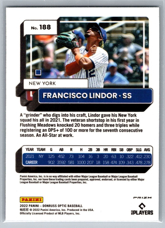 2022 Optic Lime Green Prizm Baseball #188 Francisco Lindor New York ...
