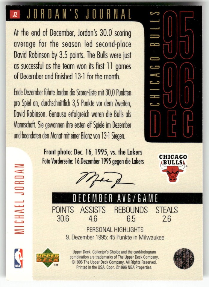 1996-97 Collector's Choice German #J2 Michael Jordan Jordan's Journal ...