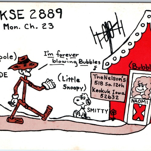 c1970s Keokuk, IA Beanpole Snoopy Art Drawing QSL Radio Card Nelson ...