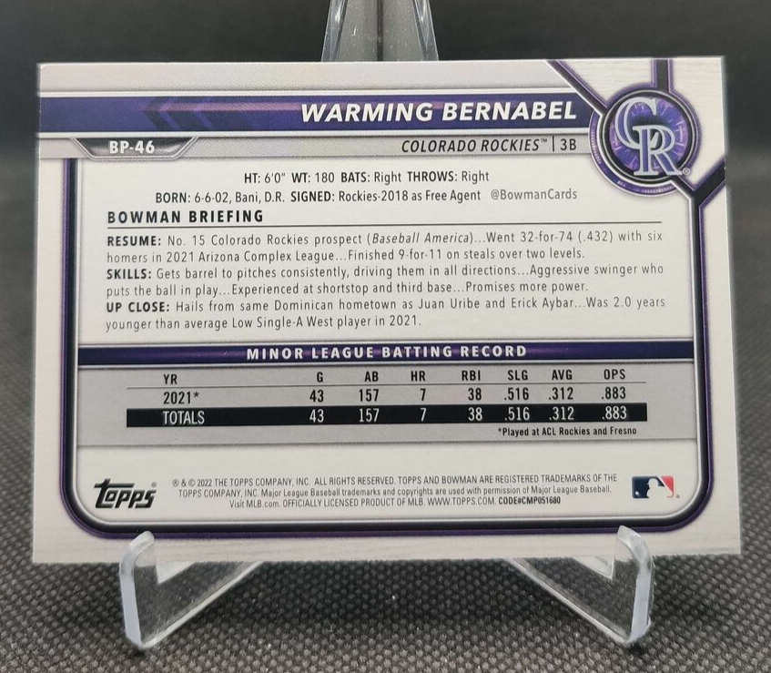 2022 Bowman Prospects #BP-46 Warming Bernabel Colorado Rockies baseball ...