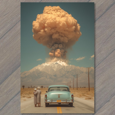 POSTCARD Desert Scene Car Atomic Nuclear Bomb Cloud Retro Style Couple ...