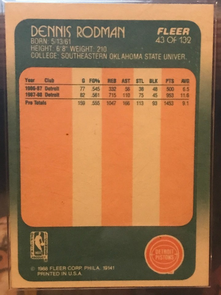 1988-89 FLEER DENNIS RODMAN #43 ROOKIE CARD Excellent Condition | eBay