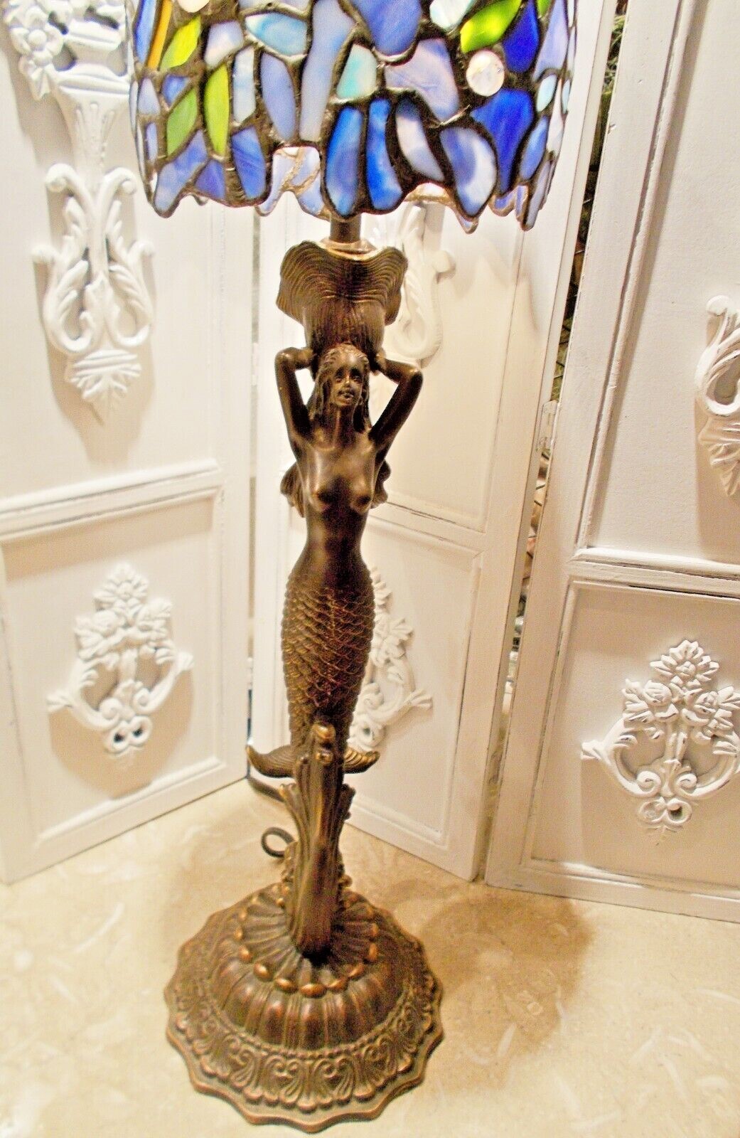 Delicate Bronze Mermaid 3 bulb Lamp w/ Stained Glass Helmet Shade 23 ...