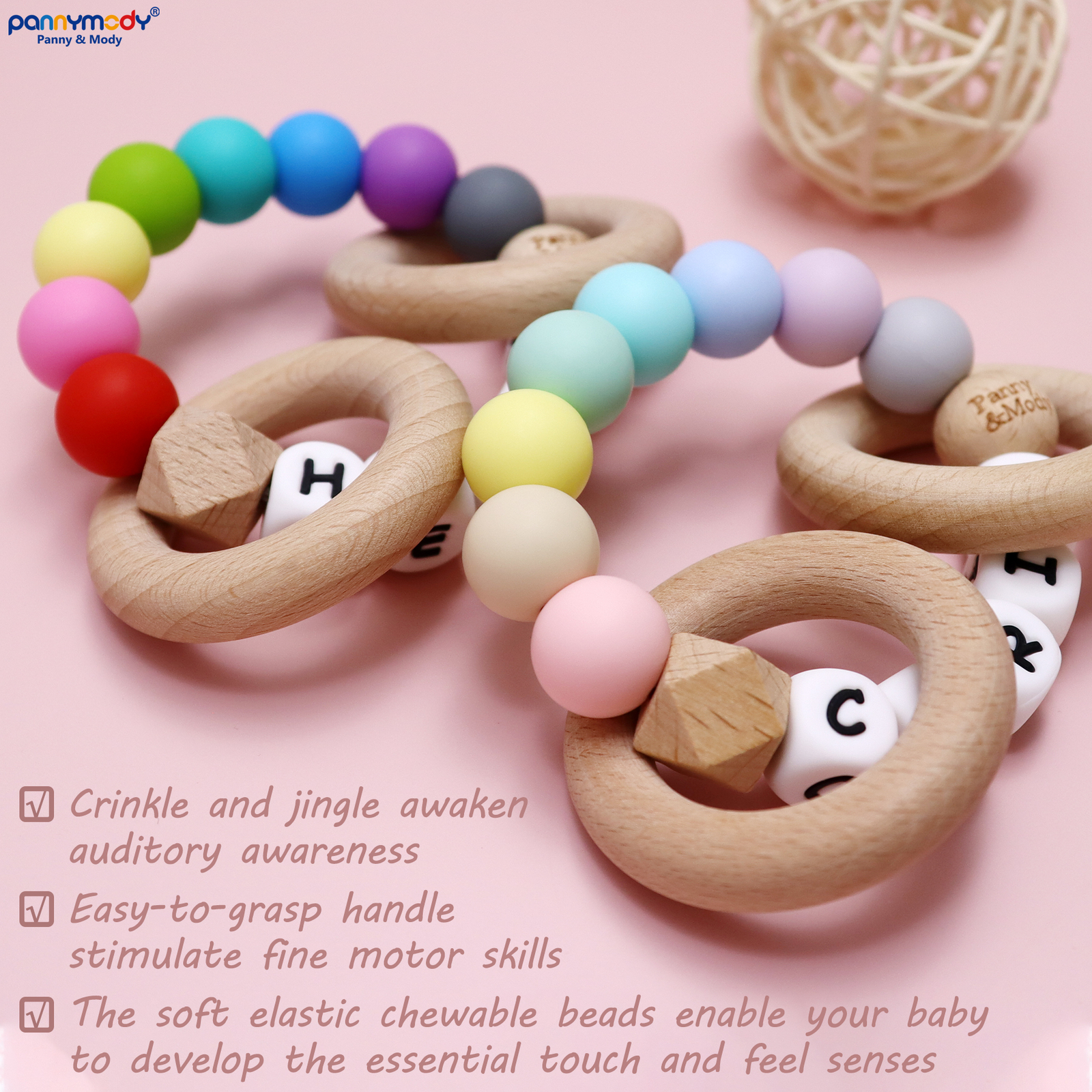 Personalised Teether, Natural Wood & Silicone Teething Ring/Rattle ...
