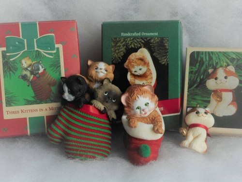 3 Cat Hallmark Ornaments Kitten Mittens,Stocking Kitten,Cat & Bell NIB ...