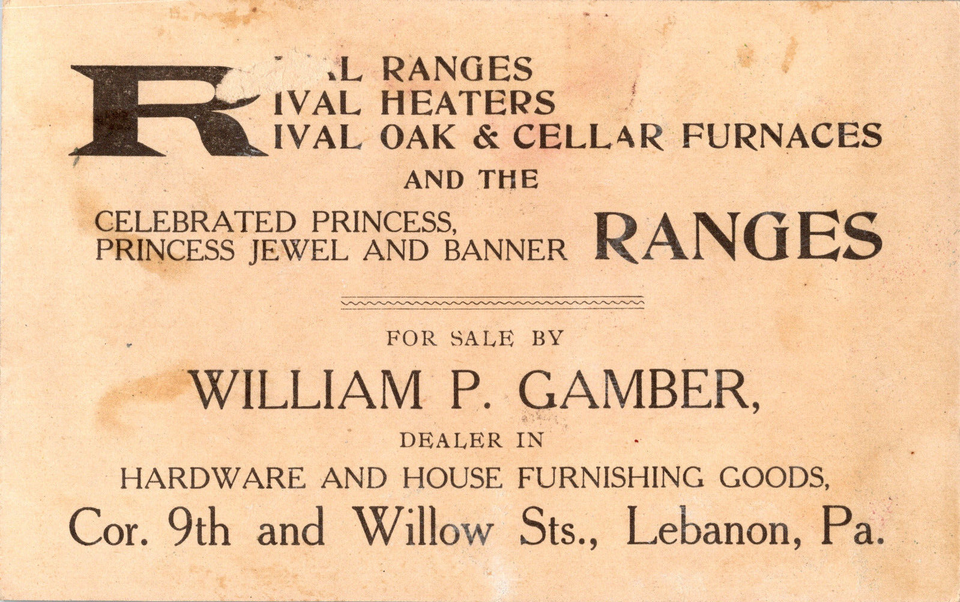 Rival Heater Range Stove W P Gamber Victorian Trade Card Lebanon PA 3 ...