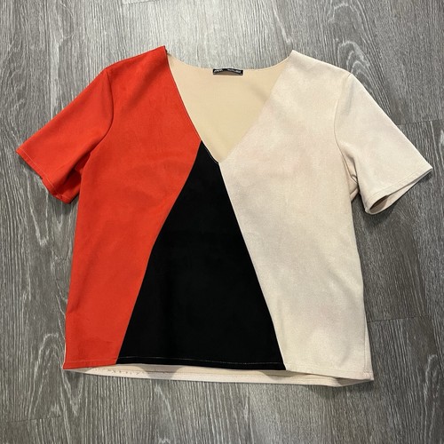 Zara Womens Short Sleeve Faux Suede Top Size Large Color Block Red ...