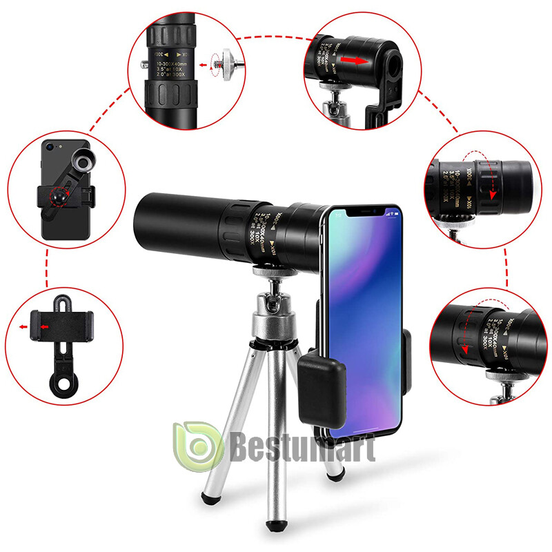 10-300X40mm Monocular Cell Phone Camera Telephoto Lens+Tripod For ...