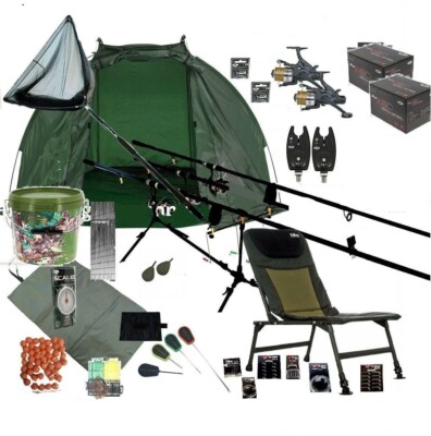 2 Rod Carp Fishing Set Up Kit Rods Reels Chair net shelter TACKLE PACK ...