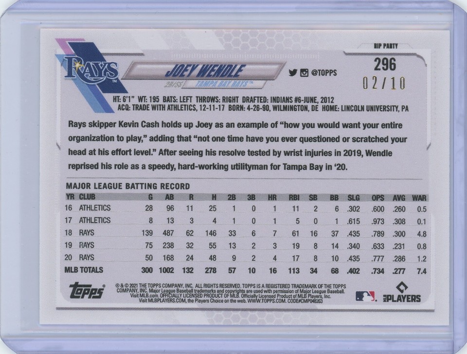 2021 Topps Series One Rip Party Joey Wendle #296 02/10 | eBay