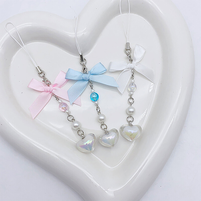 Y2k Aesthetic Bow Heart Mobile Phone Lanyard Girls Cute Sweet Beaded ...