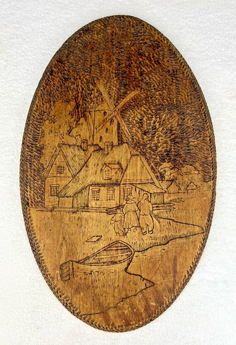 Antique Pyrography Wood Wall Art Dutch Countryside Family Scene 13 ...