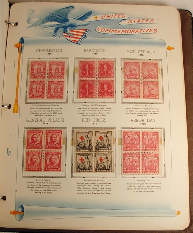 US COMMEMORATIVE STAMP ALBUM WITH ABOUT 220 MINT BLOCKS OF 4 1909-1949 ...