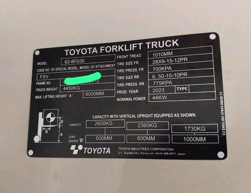 Toyota Forklift Truck Data Plate Aluminum With Your Data | eBay