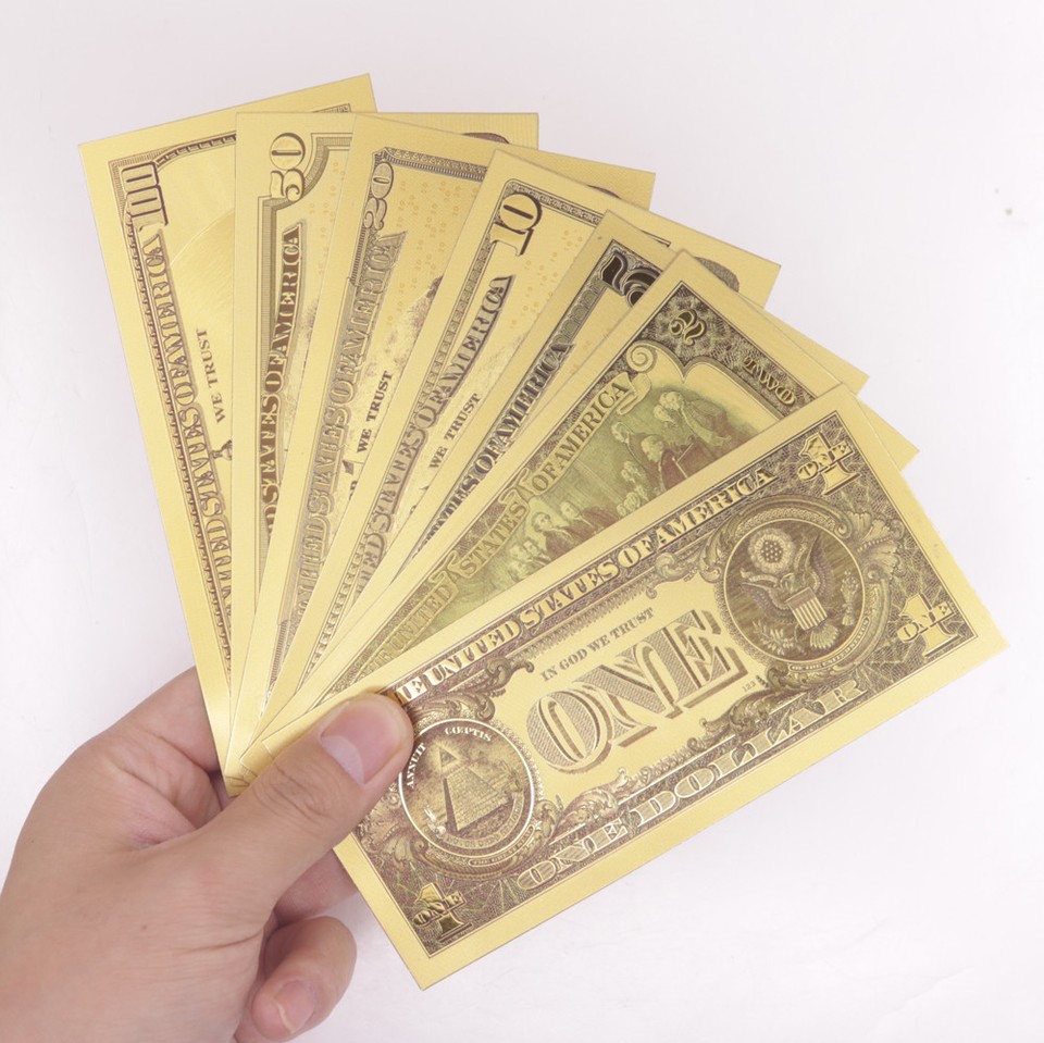 Lot 7 Pcs $1-$100 Gold US Dollar Paper Money Banknote Color Bill Crafts ...
