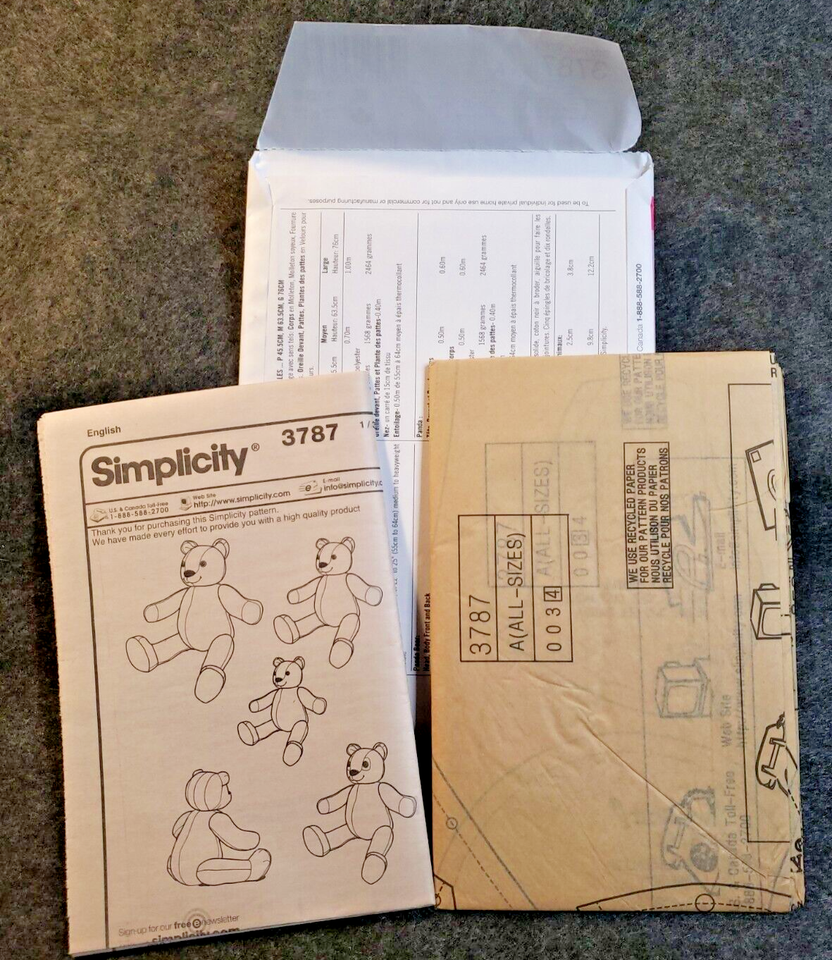 Teddy Bear Sewing Pattern Simplicity 3787 All Sizes Included Uncut ...