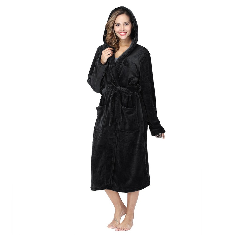 RONGTAI Womens Long Robes Plush Fleece Nightgown Thick Hooded Bathrobe ...