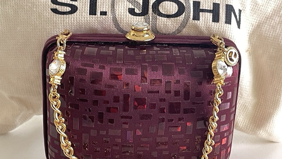 St John Burgundy Evening Handbag w Sequins Paillettes Rhinestone Clasp ...