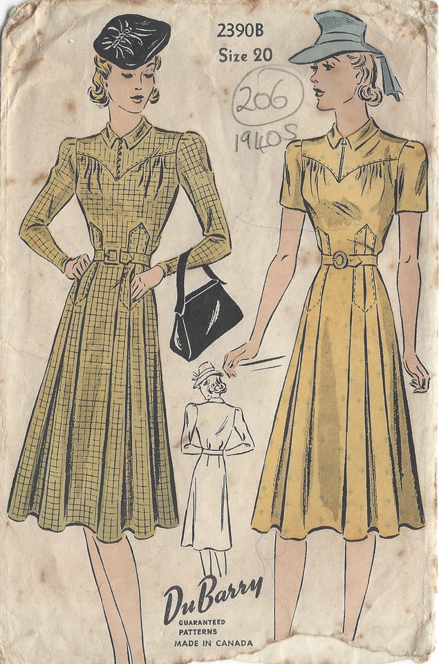 1940s Vintage SEWING PATTERN DRESS B38" (206R) By "Du Barry' | eBay
