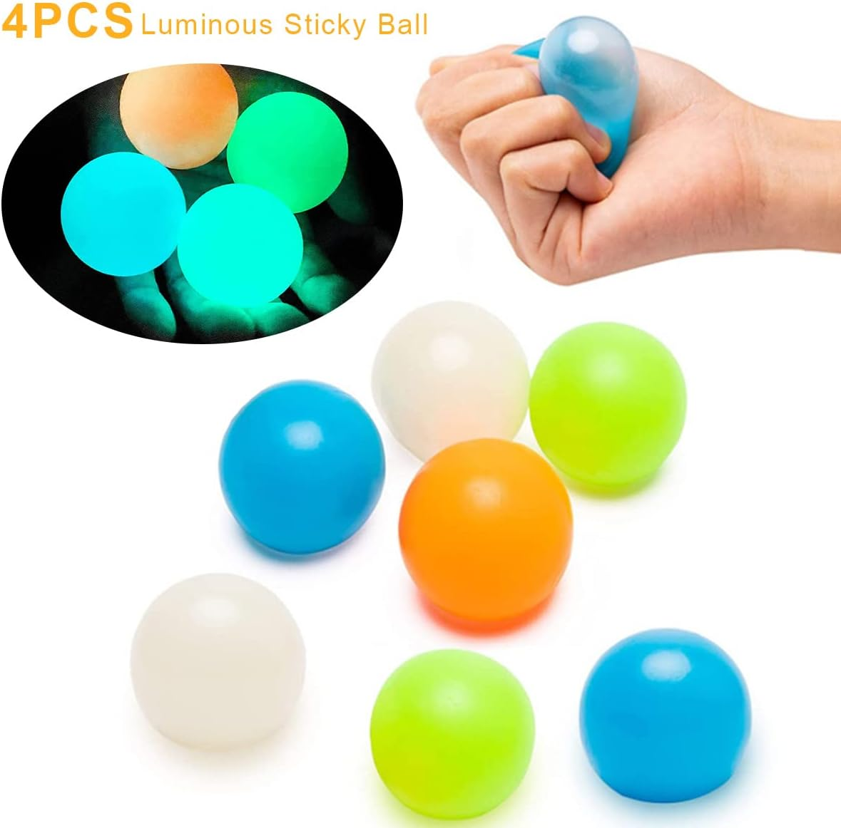 4Pcs Glow in the Dark Sticky Balls,Multi-Color Soft Sticky Wall Balls ...