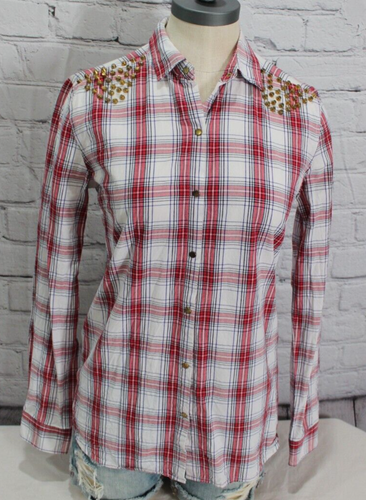 Poof Clothing Co Women's Plaid Shirt Medium Red White Blue Stud ...