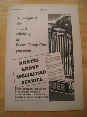 ROOTES GROUP CARS SERVICE HUMBER HILLMAN SUNBEAM TALBOT 1950 ADVERT A4 ...