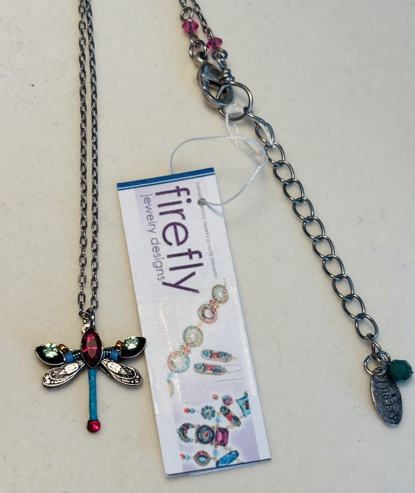 Petite Fuchsia Pink Dragonfly Crystal & Bead Accent FIREFLY Necklace ...
