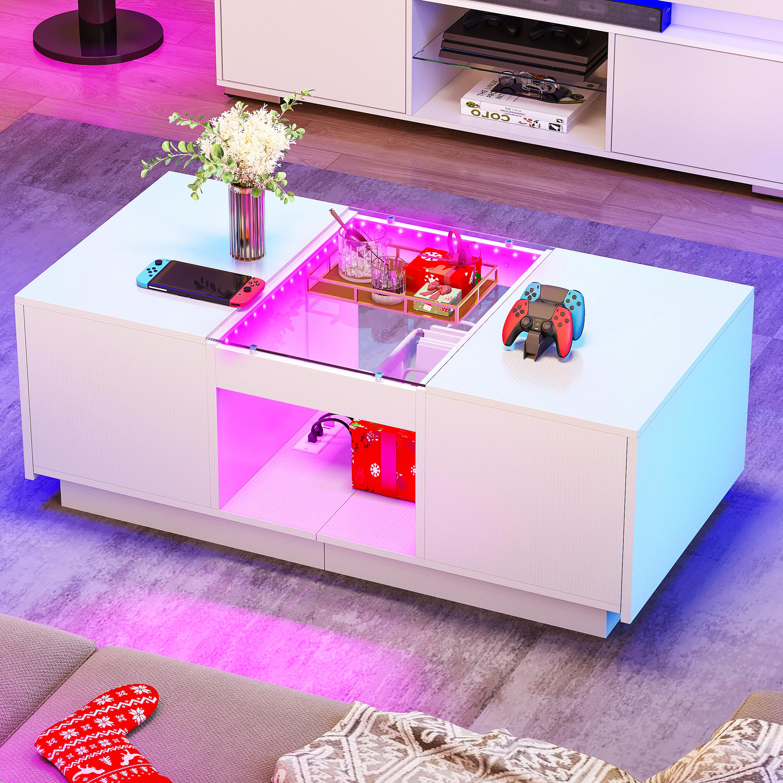 LED Coffee Table Modern Center Table with Charging Station Large ...