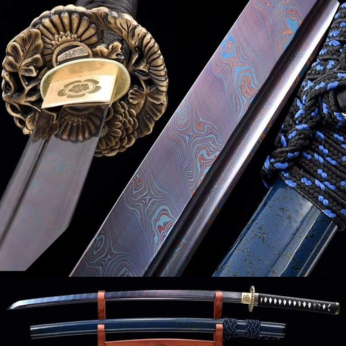 High Quality Blue Red Damascus Steel Katana Copper Tsuba Japanese ...