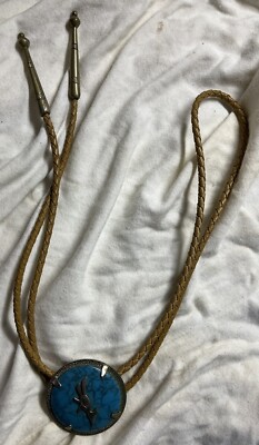 Vintage Roadrunner Round Turquoise Veneer Arrows Nickel Silver Bolo ...