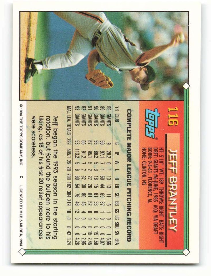 1994 Topps #116 Jeff Brantley NM-MT Giants ID:178278 | eBay