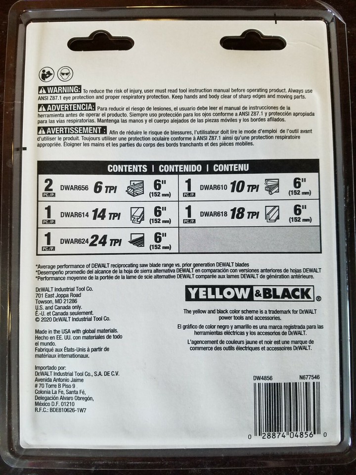 DeWalt RECIPROCATING SAW BLADE Set of 6 pcs 6" DW4856 NEW! 6 10 14 18 ...