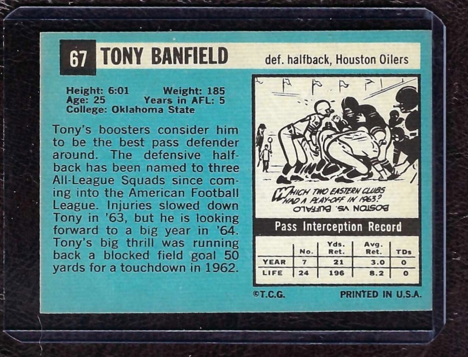 1964 Topps Football #67 Tony Banfield, Houston Oilers, Special Print ...