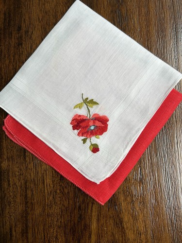 Vintage Handkerchief Hankies Red Linen Embroidered Flowers Set of 2 | eBay