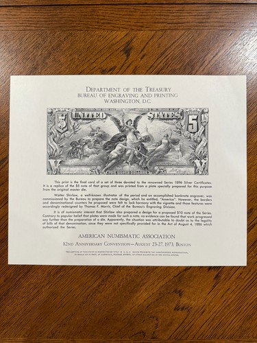 BEP Intaglio Print Early Money Souvenir Card B24 face 1896 $5 ...
