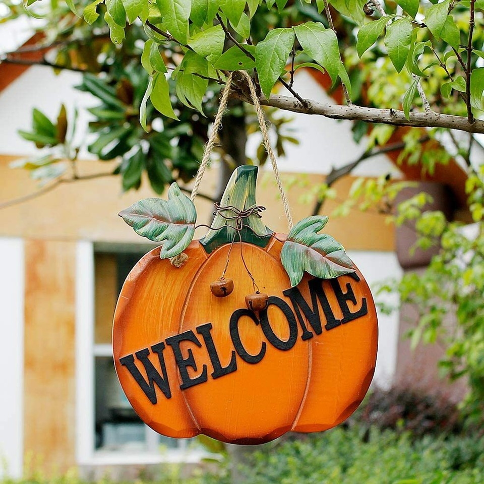Wood Pumpkin Welcome Sign Decor Fall Harvest Halloween Thanksgiving ...