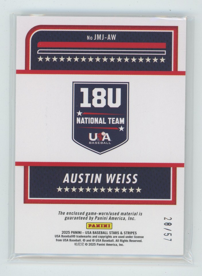 Austin Weiss 2025 USA Panini Stars Stripes Game Used Jumbo Patch Jersey ...