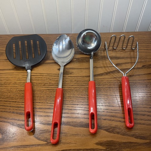 Vintage Retro 4 Plastic Metal Red Handle Kitchen Utensils Masher Laddle ...