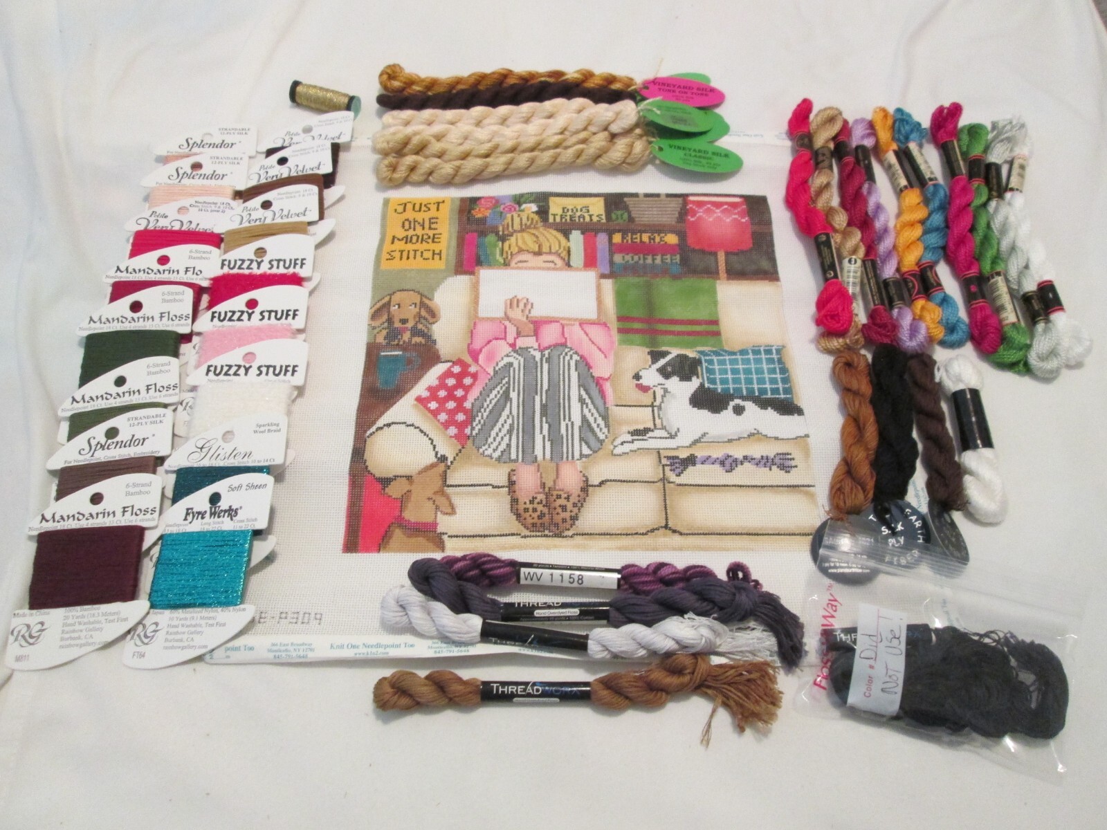 STITCHING GIRL W/ DOGS-GAYLA ELLIOTT-HP NEEDLEPOINT CANVAS-THREADS ...