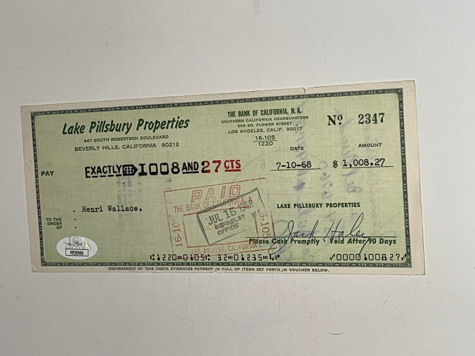 Jack Haley Signed Autographed Bank Check Wizard of Oz Tin Man JSA ...