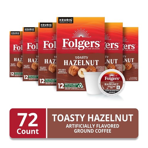 Folgers Toasty Hazelnut Flavored Coffee, 72 Keurig K-Cup Pods packaging ...