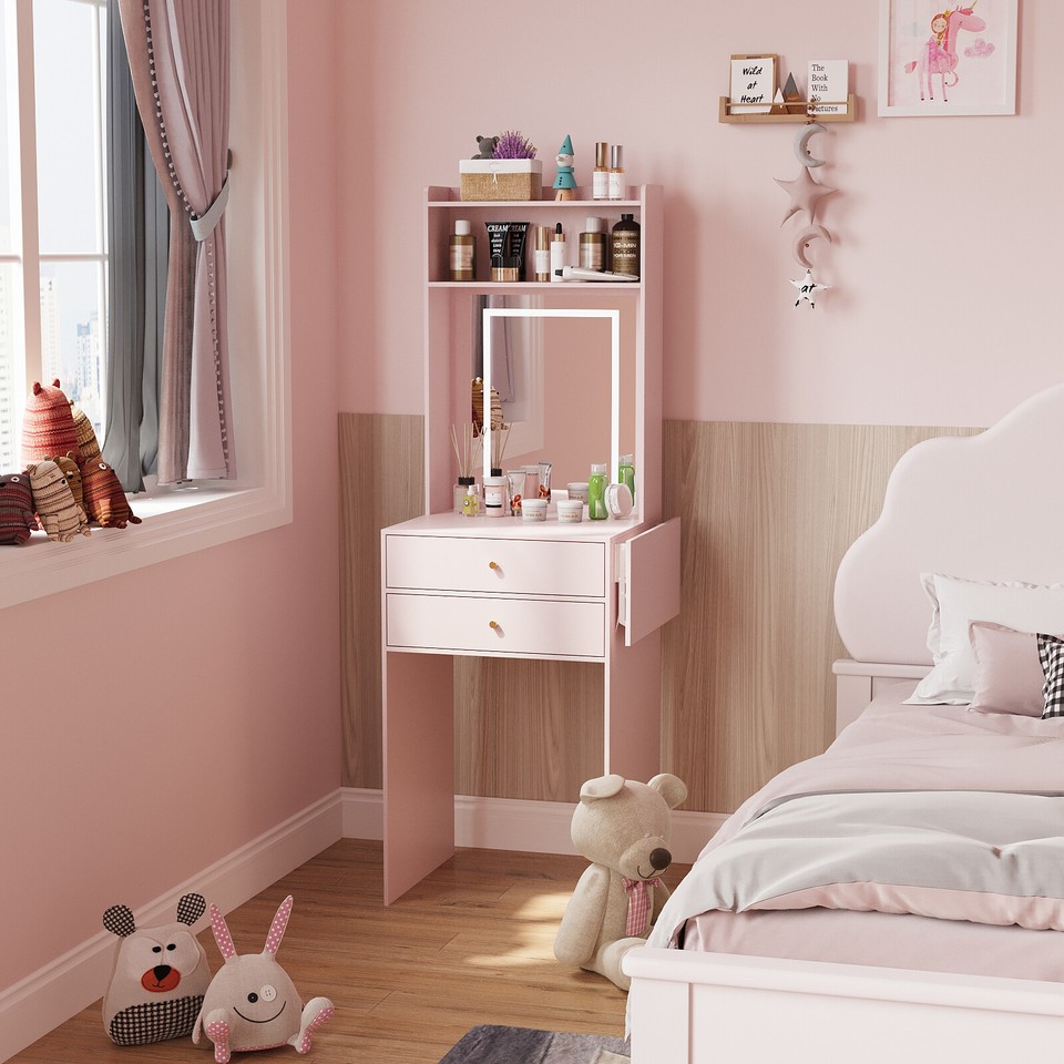Small Dressing Table with Foldable Side Panel LED Light Mirror Shelves ...