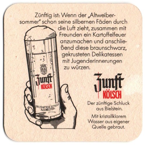 KÖLN ZUNFT KÖLSCH BIER 1 BIERDECKEL 1 BEER COASTER - 1960er JAHRE | eBay.de