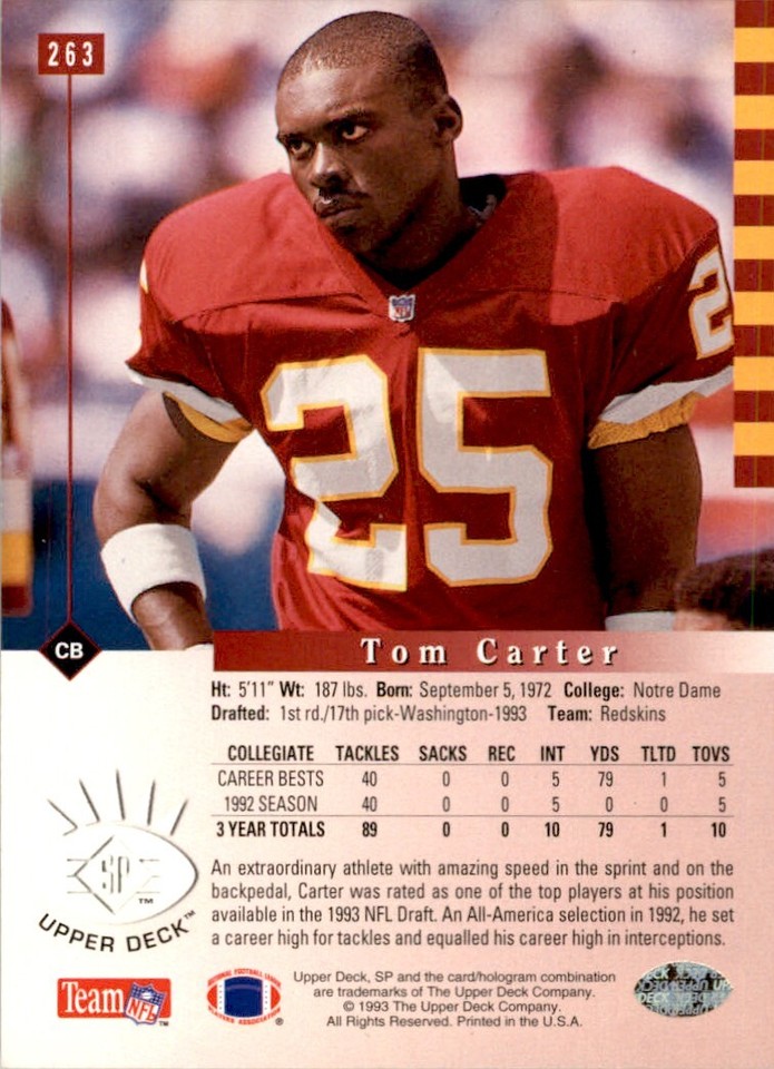 1993 Upper Deck Sp Tom Carter RC Washington Redskins #263 Football Card ...