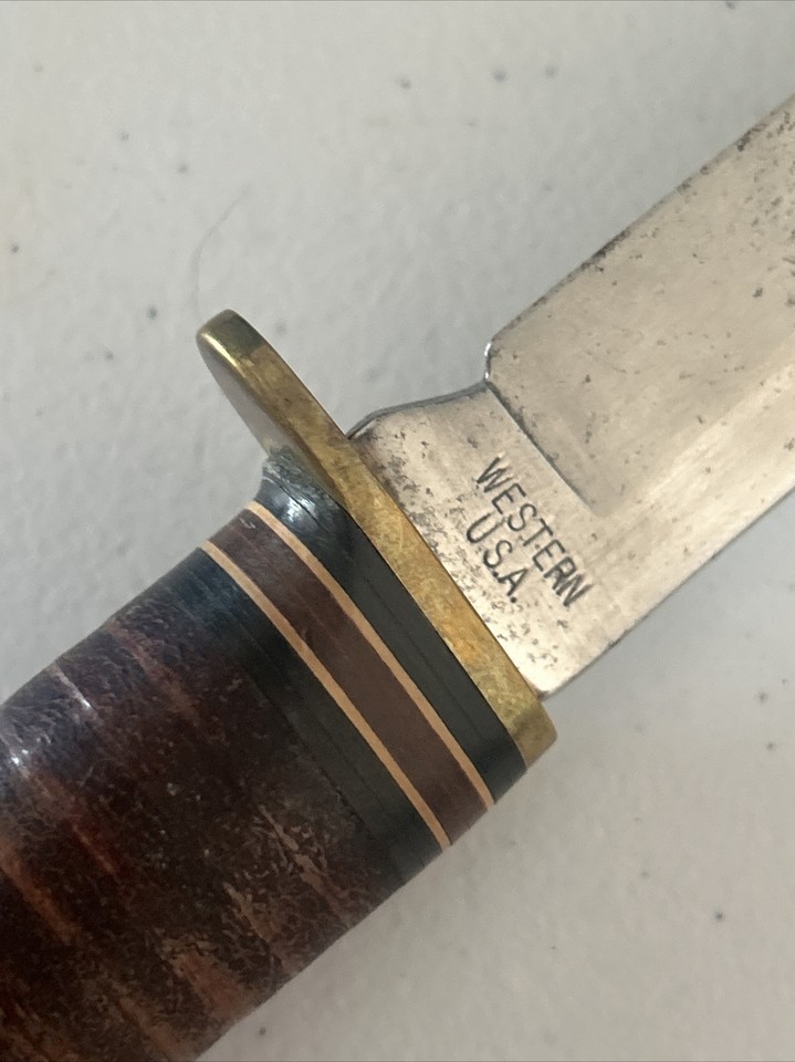 Vintage WESTERN Fixed Blade Hunting Knife, Stacked Leather Handle | eBay