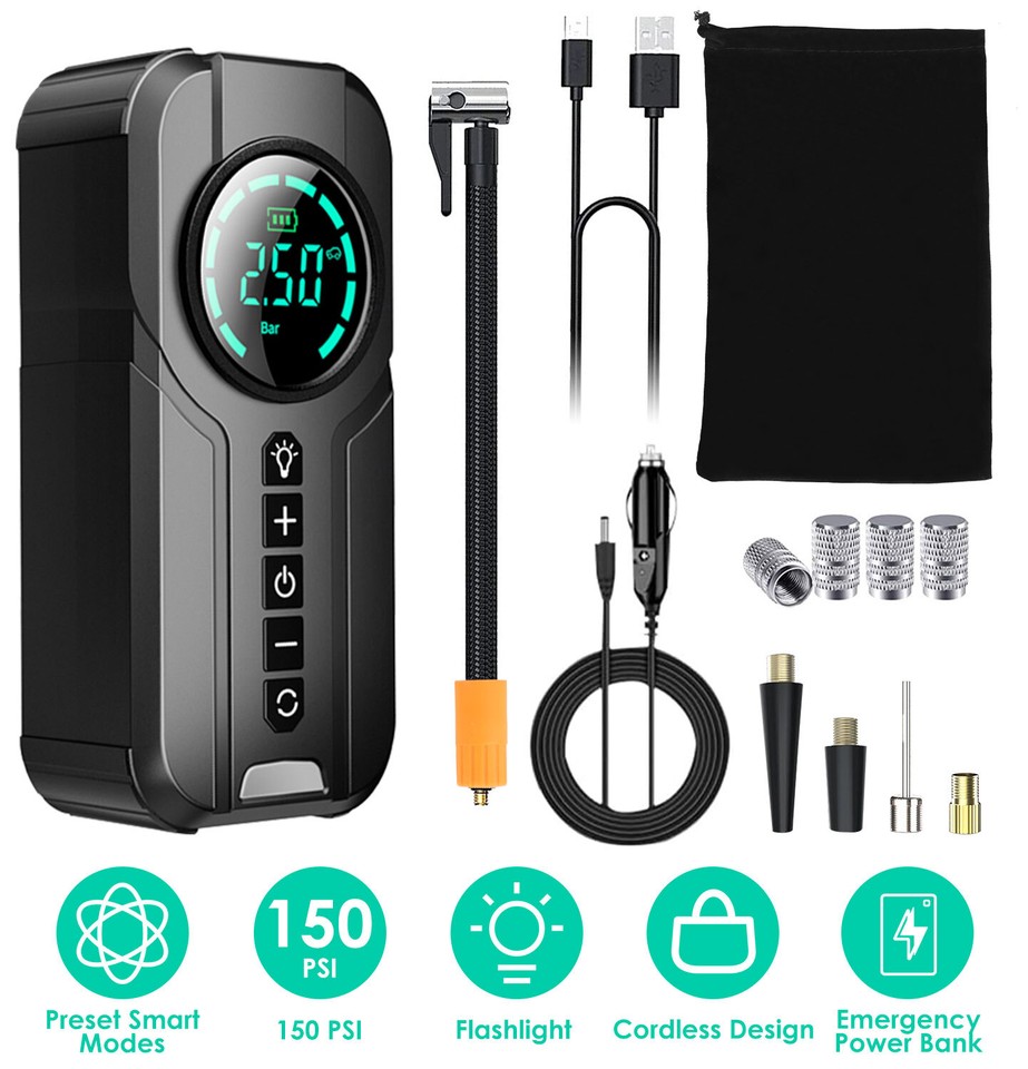 150 PSI Air Compressor Tire Inflator Fits Car Moto Bike Tires Air Pump ...